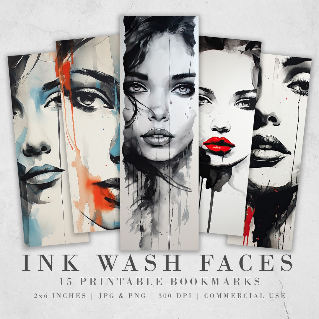 15 Ink Wash Faces Printable Bookmarks | Digital Download JPG Bookmark ...