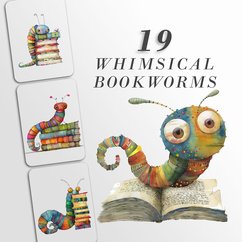 Whimsical Bookworms Clipart: Cute Files for Crafts and Decor, PNG ...