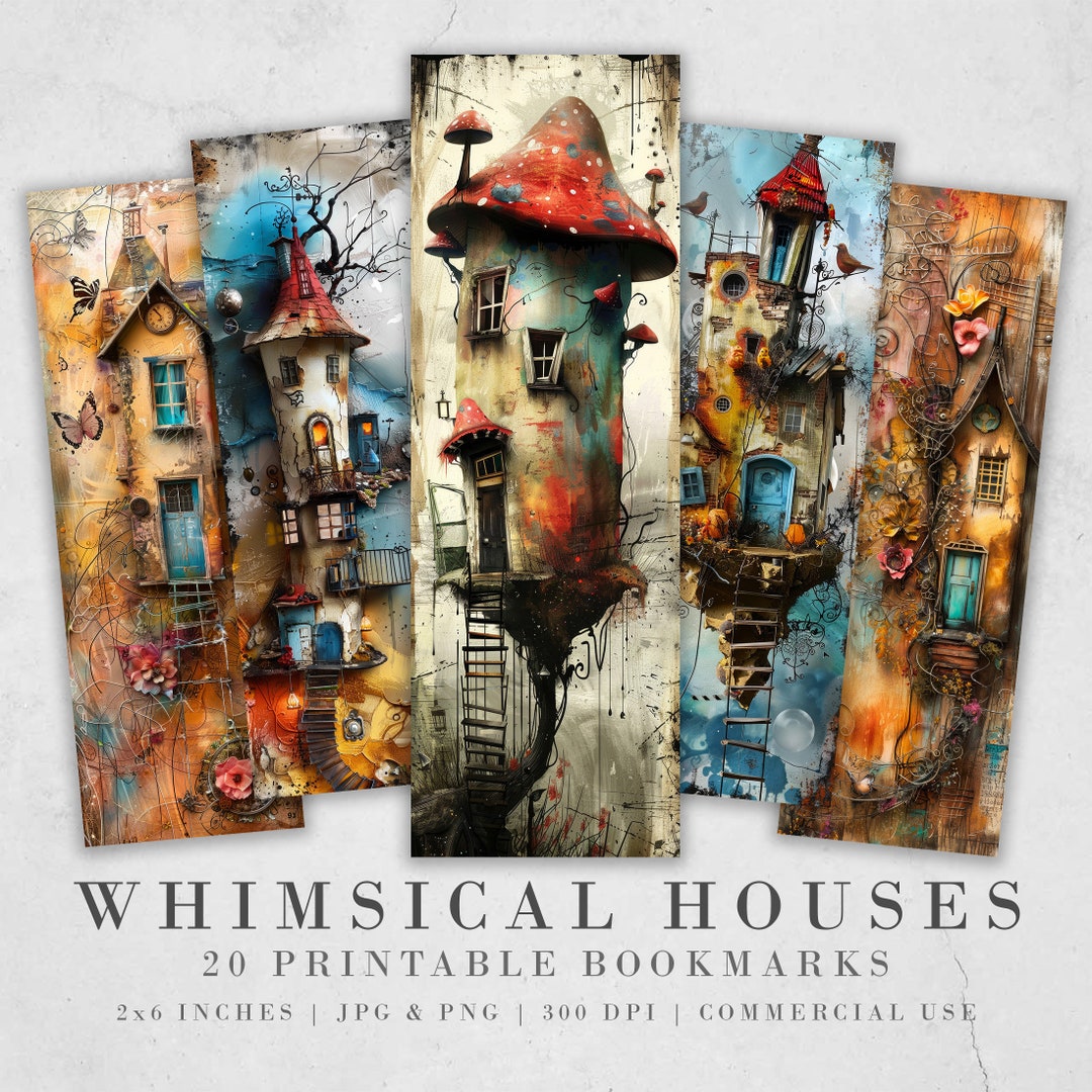 Whimsical Houses Printable Bookmarks| Mixed Media Bookmark Sheets| PNG ...