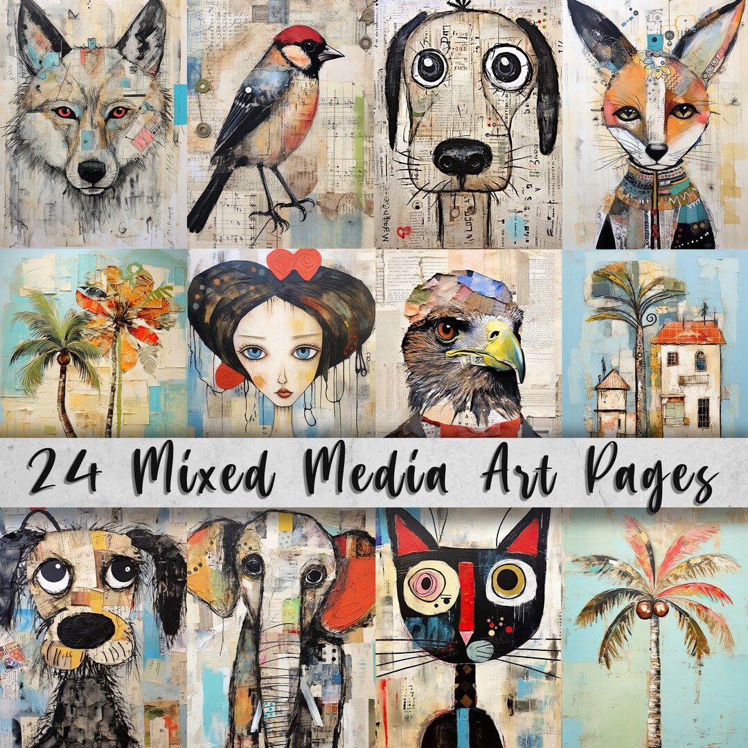 24 Mixed Media Printable Art Pages| Digital Download Paper Set| PNG ...
