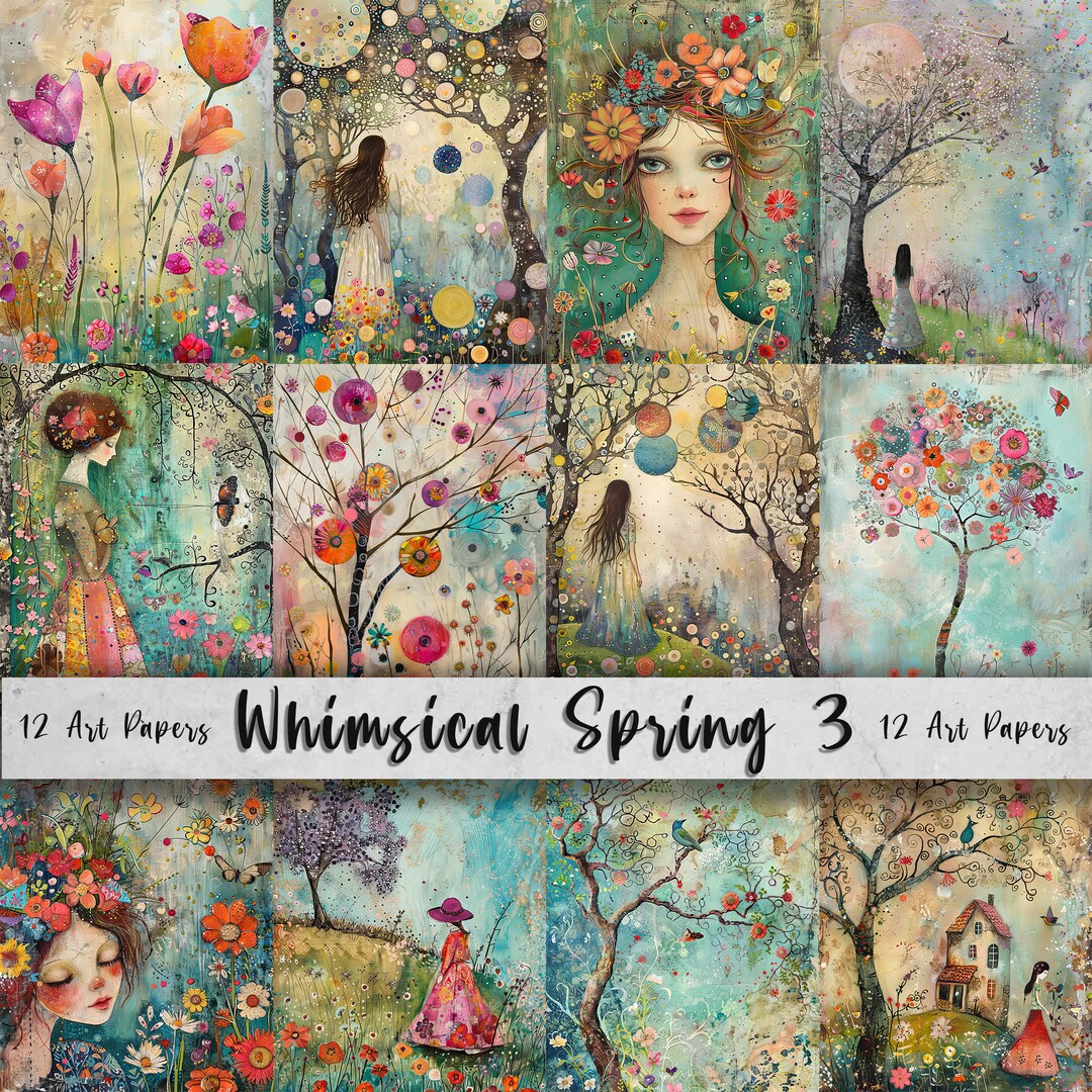 Whimsical Spring 3 Printable Art Pages, Quirky Art Pack, Flowers, Trees ...