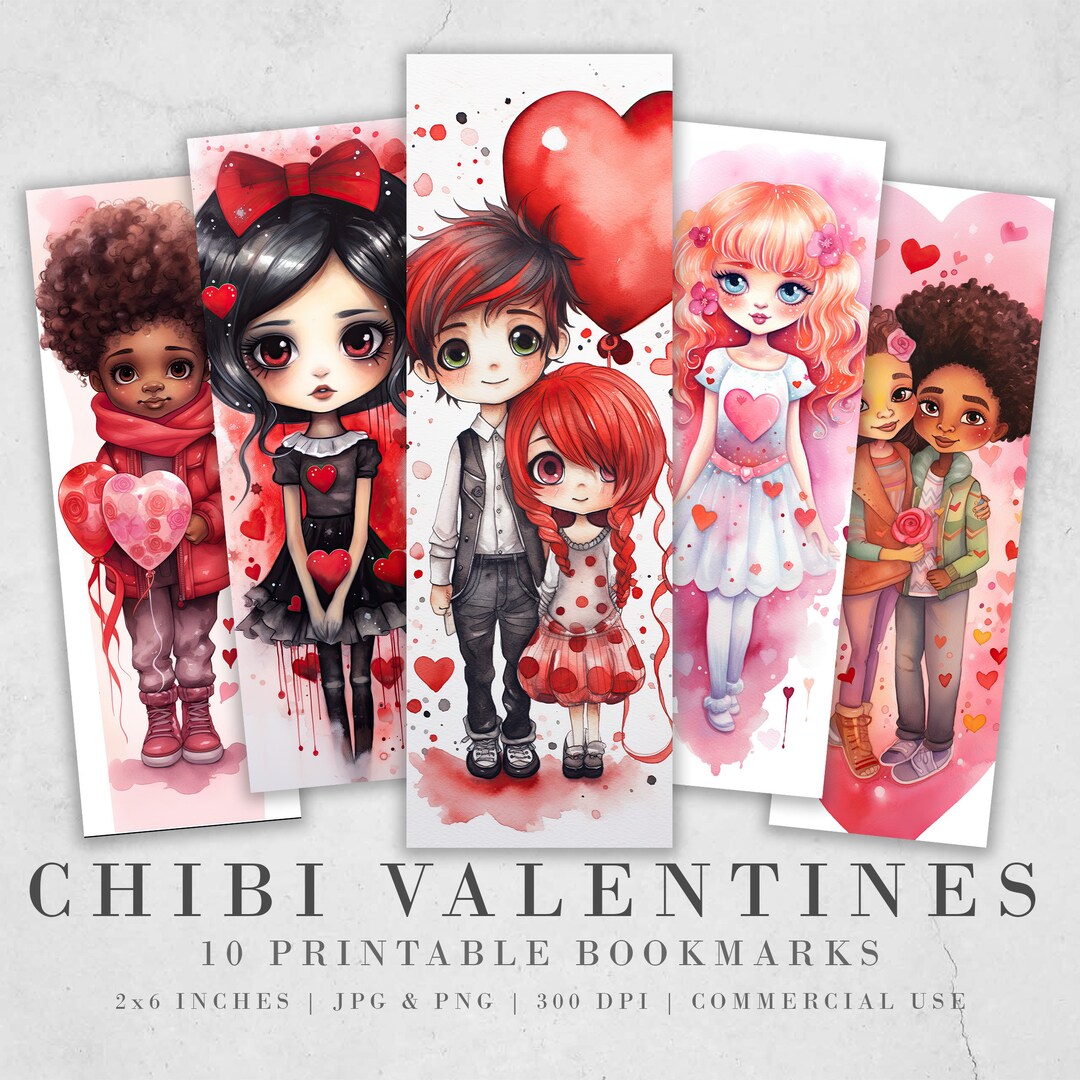 Chibi Valentines Watercolor Printable Bookmarks| Digital Download JPG ...