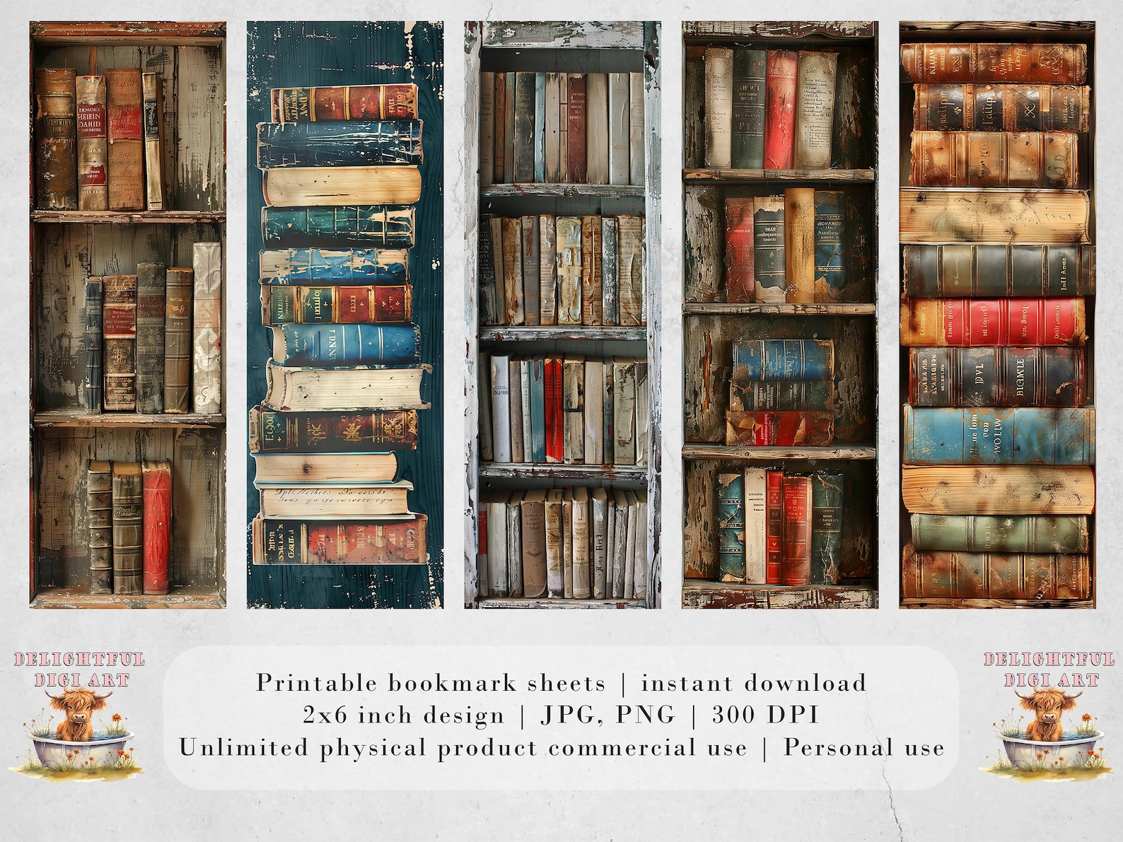 20 Vintage Bookcase Printable Bookmarks | 4 Bookmark Sheets | PNG ...