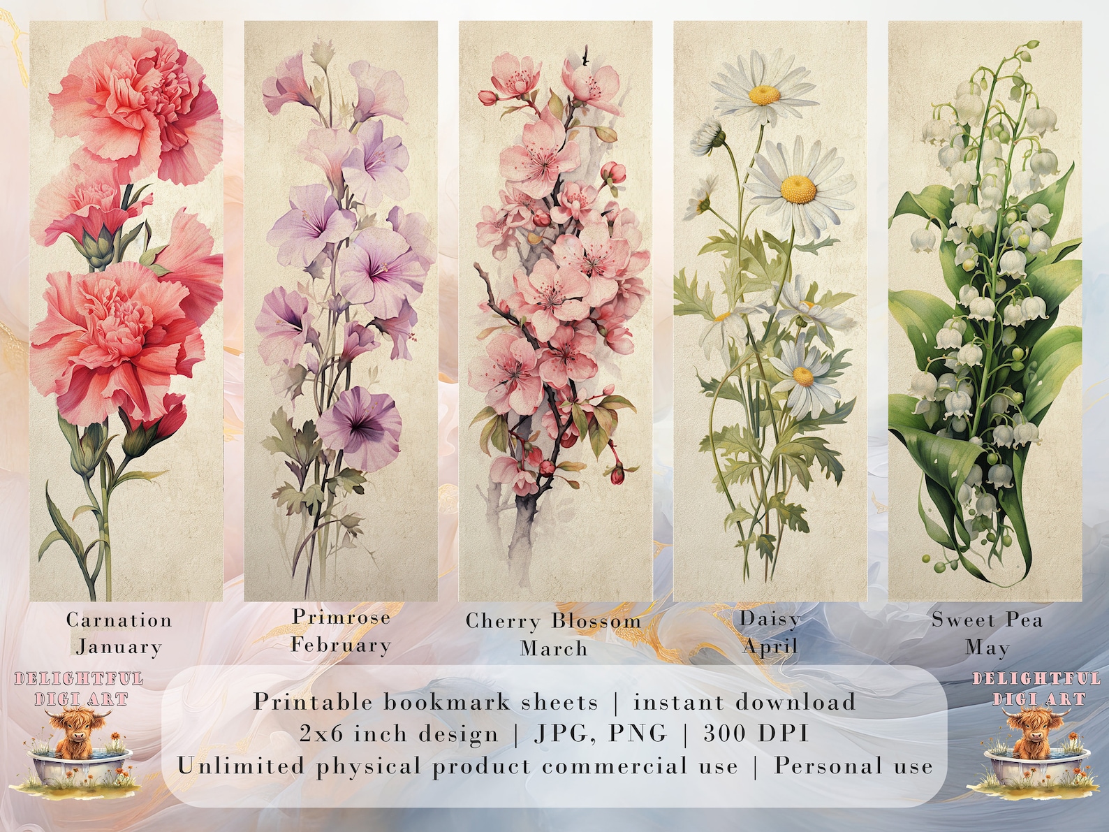 12 Birth Month Flower Printable Bookmarks | Digital Download JPG ...