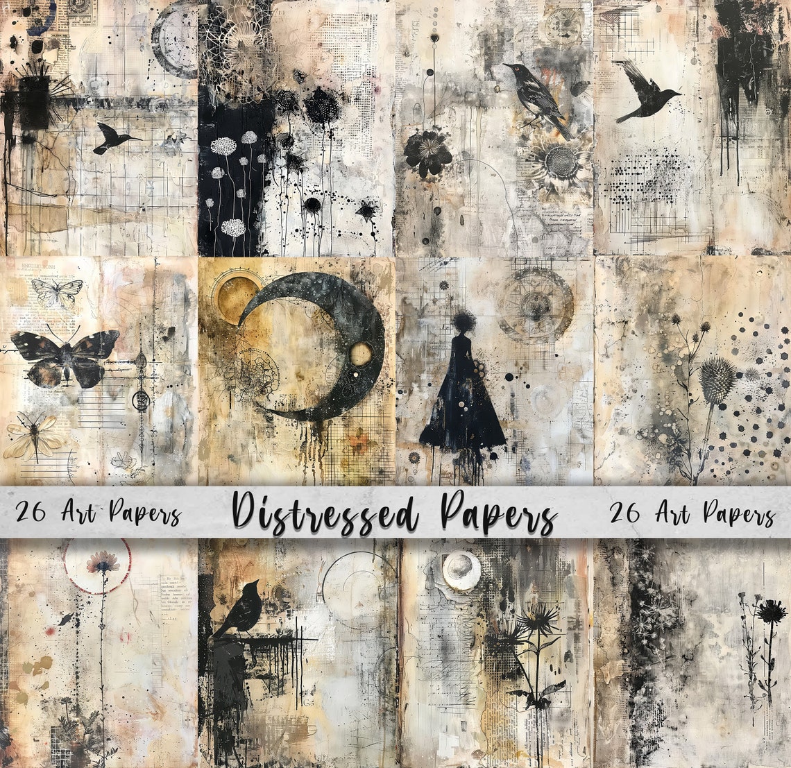 Distressed Pages Printable Art, Paper Set, Quirky Digital Scrapbook ...
