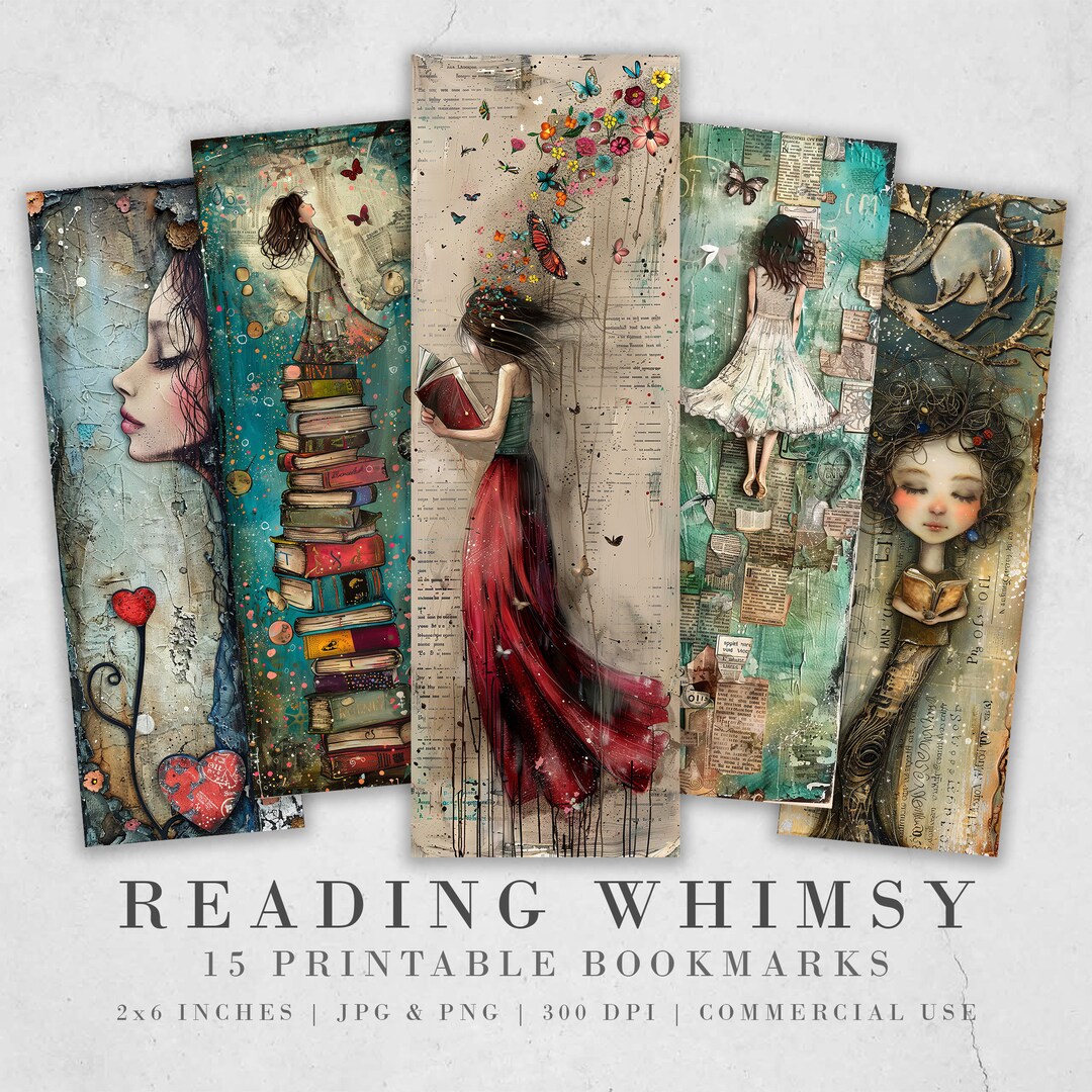 Reading Whimsy Printable Bookmarks| Mixed Media Bookmark Sheets| PNG ...