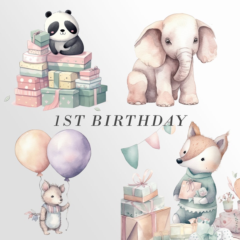 Baby Birthday Clipart Watercolor Animals Birthday Clipart - Etsy