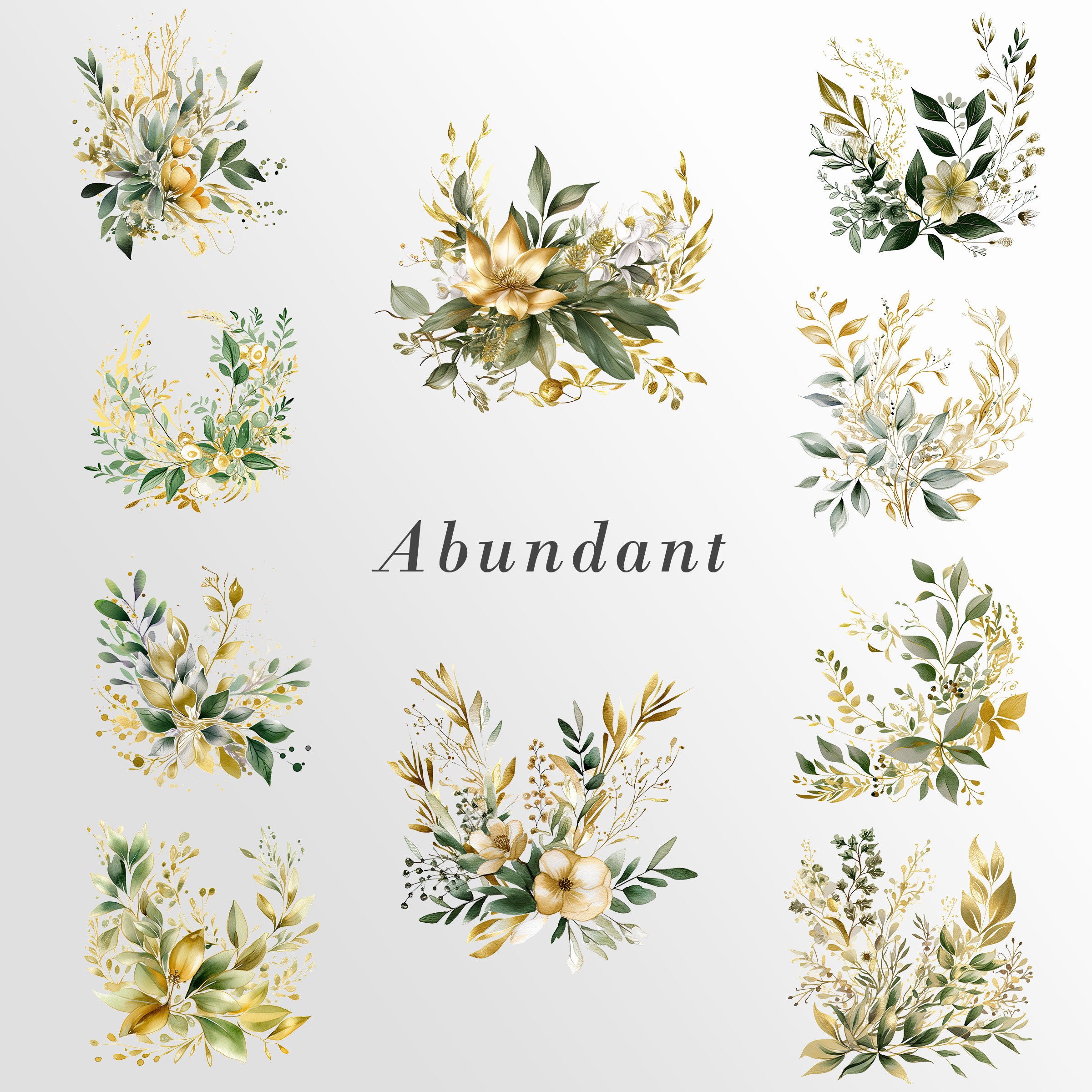 Green and Gold Floral Clipart, Watercolor Wreaths Borders Leaves ...