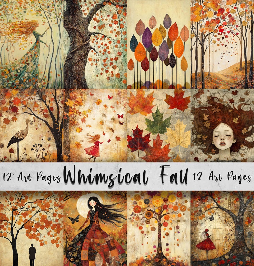 Whimsical Fall Printable Art Pages, Quirky Art Pack, Flowers, Trees ...