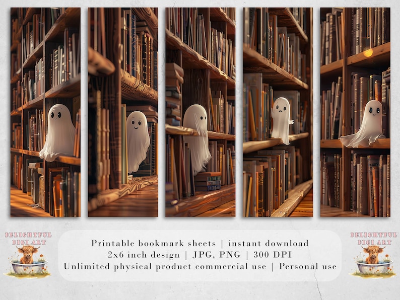 Cute Ghost in the Bookcase Bookmarks | Digital Download JPG Bookmark ...