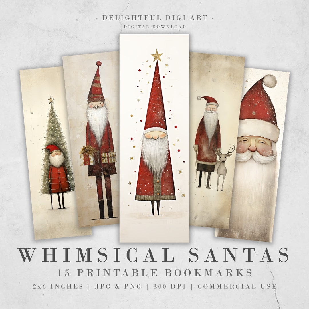 15 Whimsical Santa Printable Bookmarks: Digital Download JPG Bookmark ...