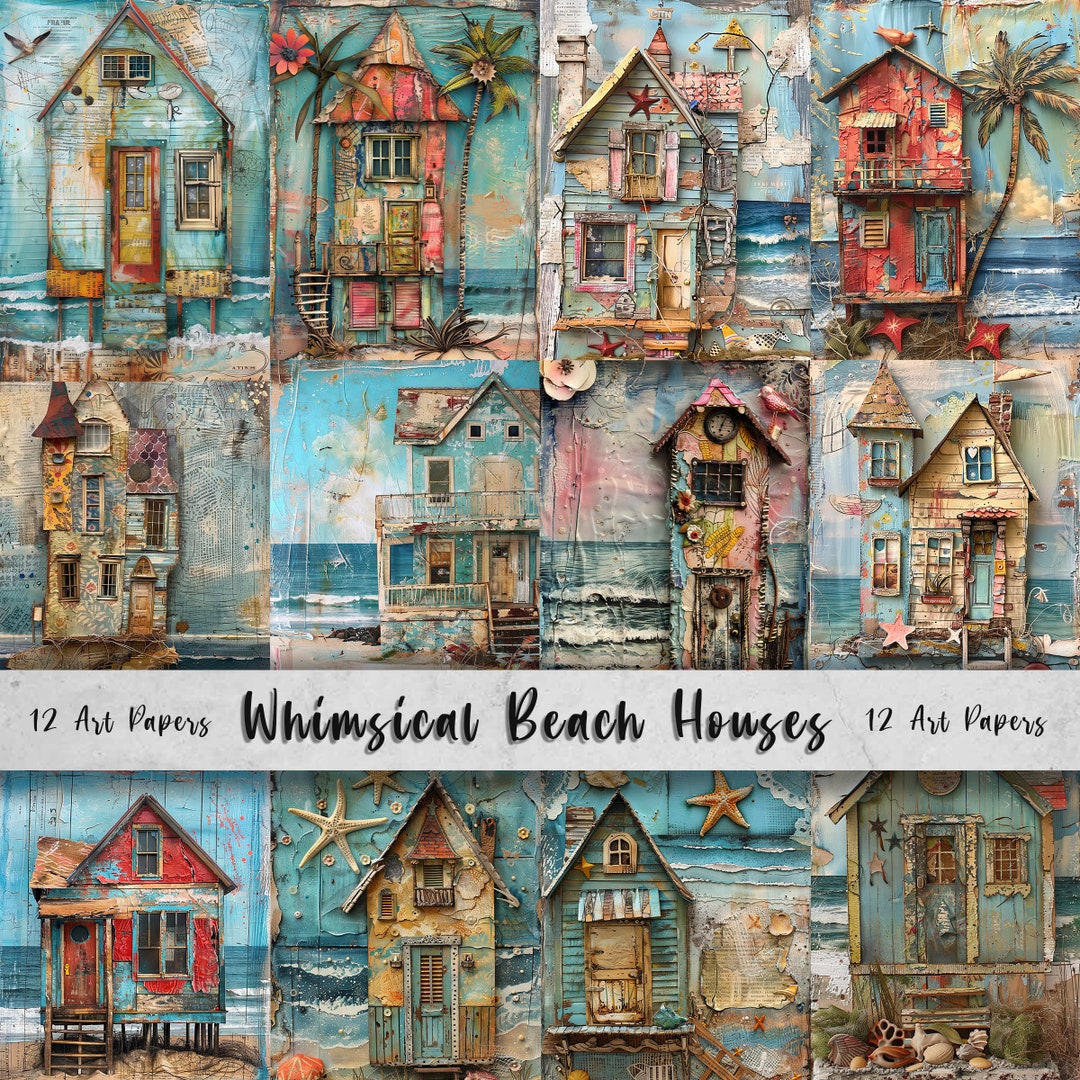 Whimsical Beach Houses Printable Art Pages, Digital Download Paper Set ...