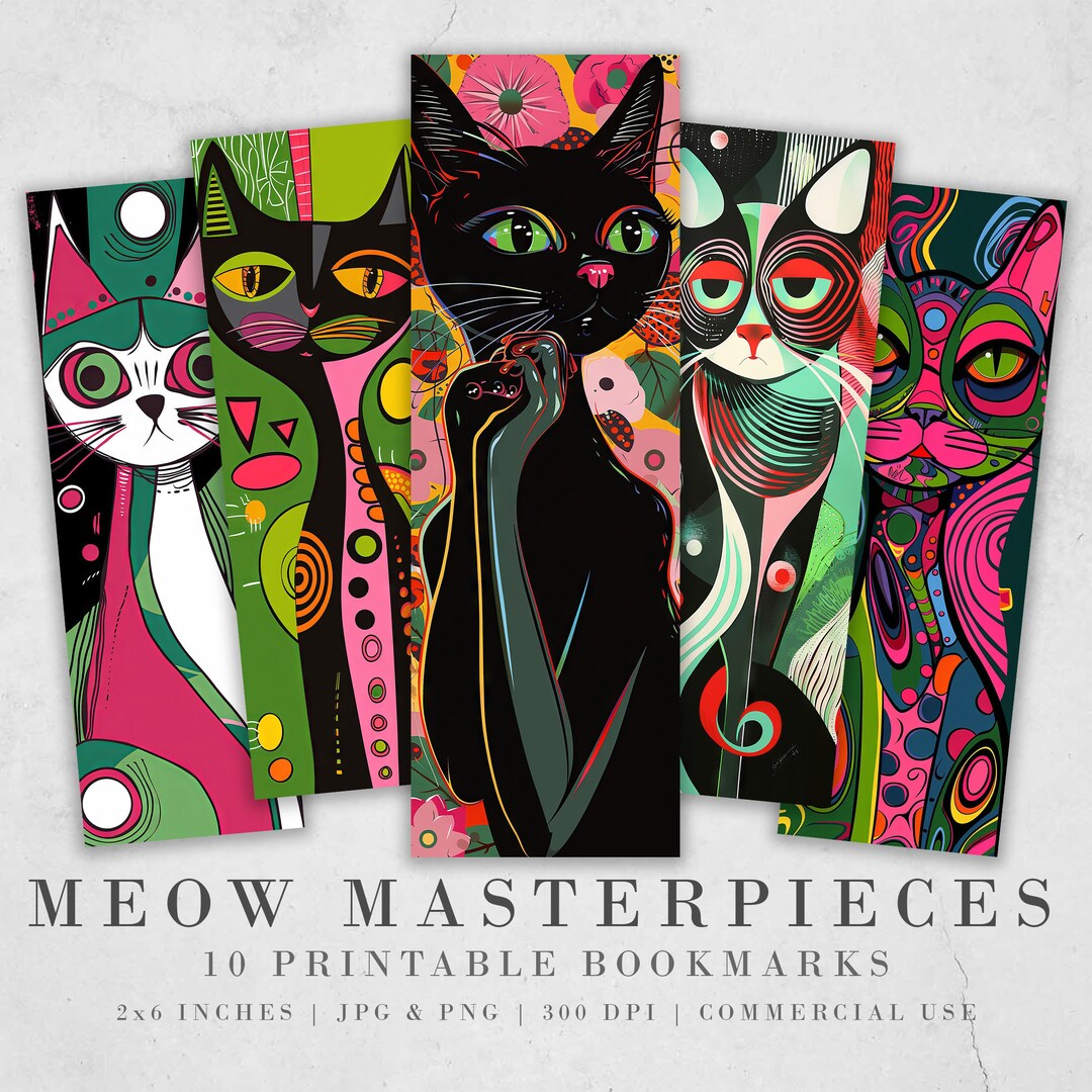 Meow Masterpieces Printable Bookmarks| 10 Quirky Cat Line Drawing ...