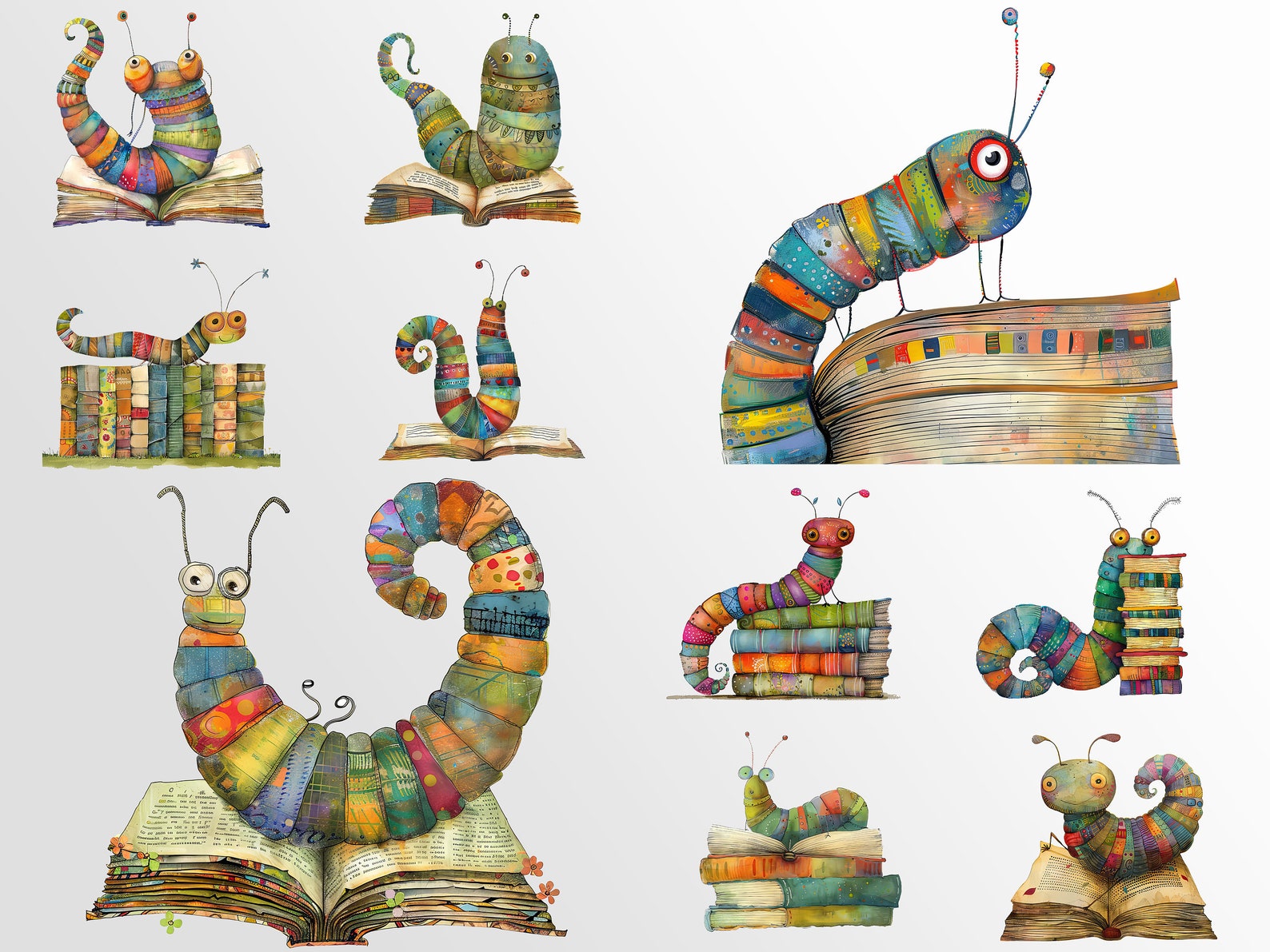 Whimsical Bookworms Clipart: Cute Files for Crafts and Decor, PNG ...
