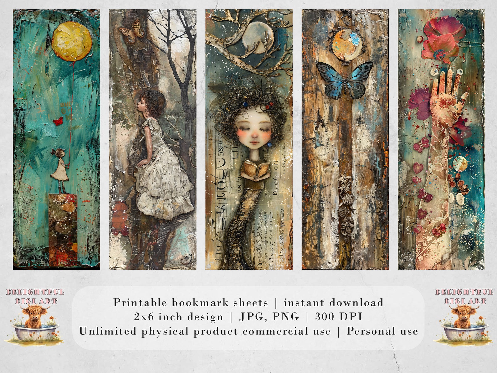 Reading Whimsy Printable Bookmarks| Mixed Media Bookmark Sheets| PNG ...