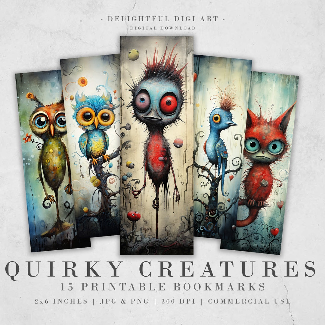 15 Quirky Creatures Printable Bookmarks | Digital Download JPG Bookmark ...