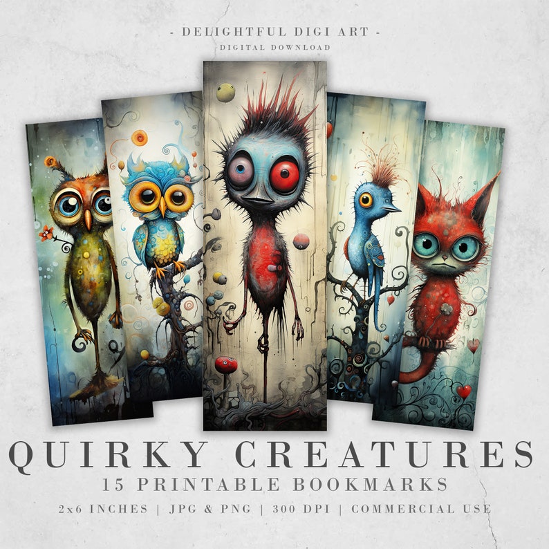 15 Quirky Creatures Printable Bookmarks | Digital Download JPG Bookmark ...
