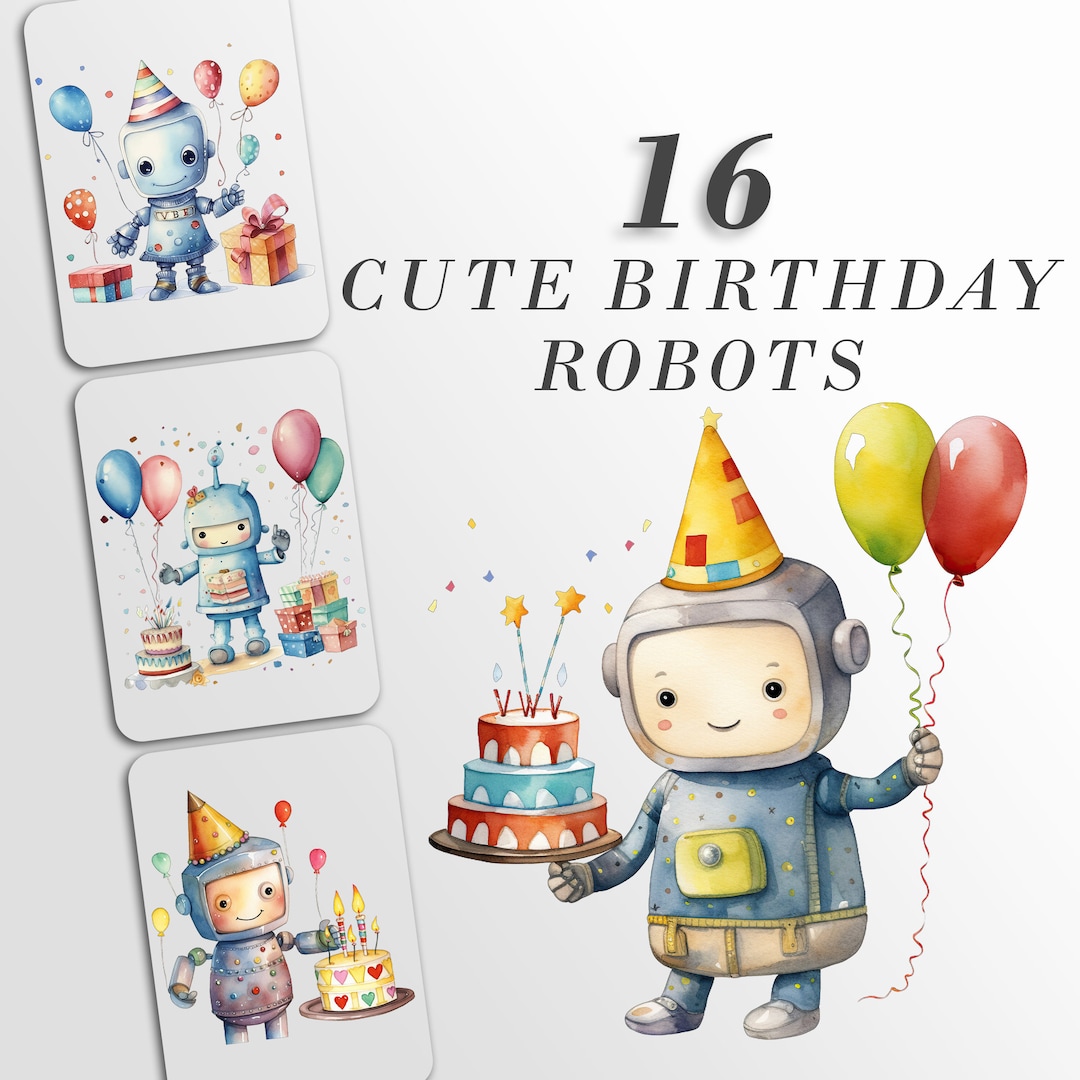 Cute Robot Birthday Clipart: Watercolor Robots for Crafts and Decor ...