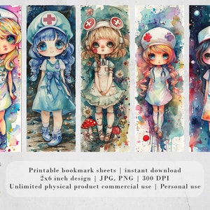 15 Chibi Nurses Watercolor Printable Bookmarks| Set of JPG Bookmarks ...