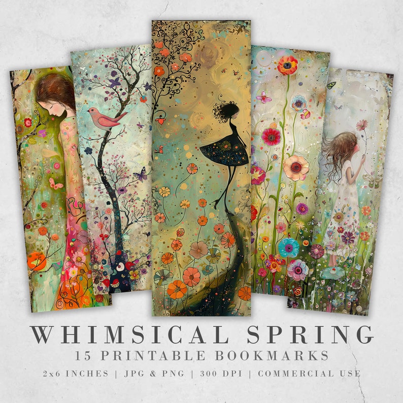 Whimsical Spring Printable Bookmarks: Trendy Gift Idea, JPG Sheets, PNG ...
