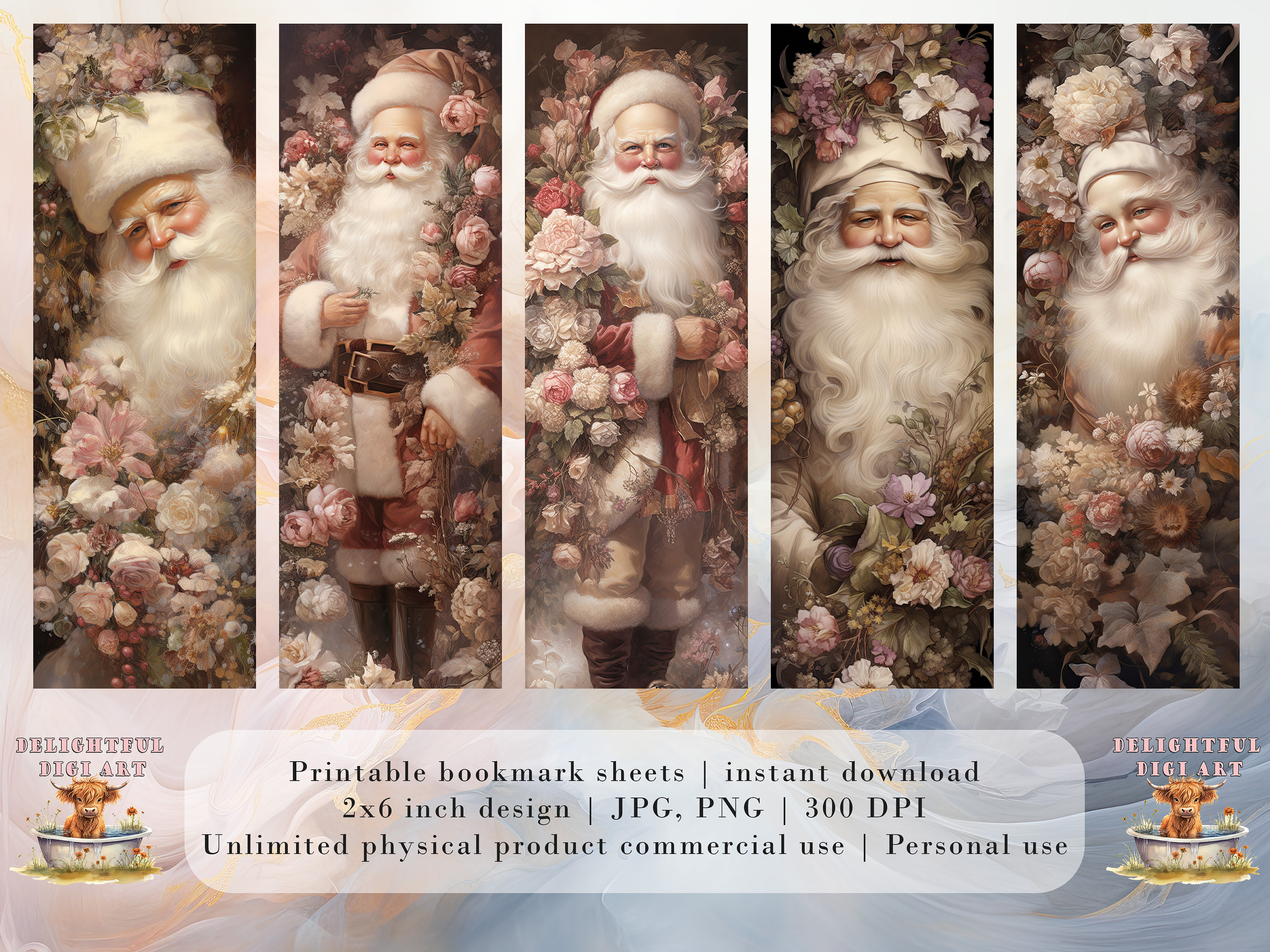 15 Floral Santa Printable Bookmarks | Digital Download JPG Bookmark ...