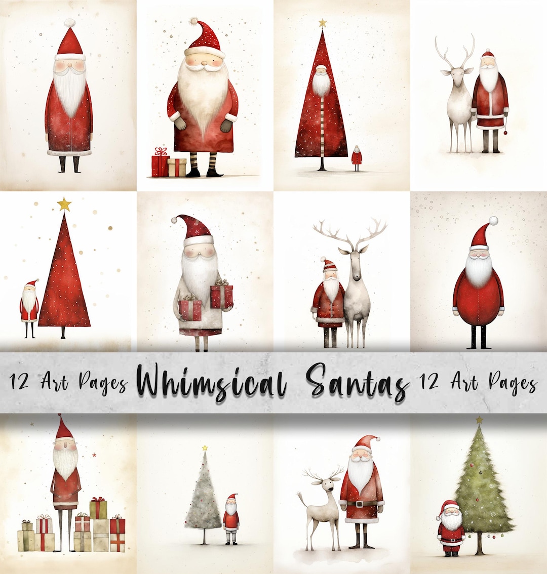 12 Whimsical Santas Printable Art Pages| Digital Download JPG Paper Set ...