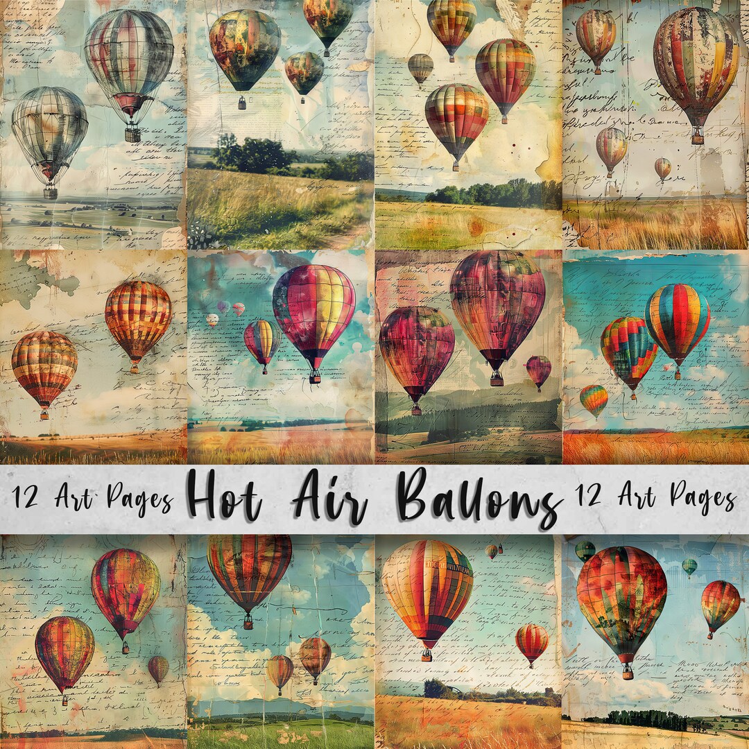 Hot Air Balloon Printable Art Pages, Digital Download Paper Set, Quirky ...