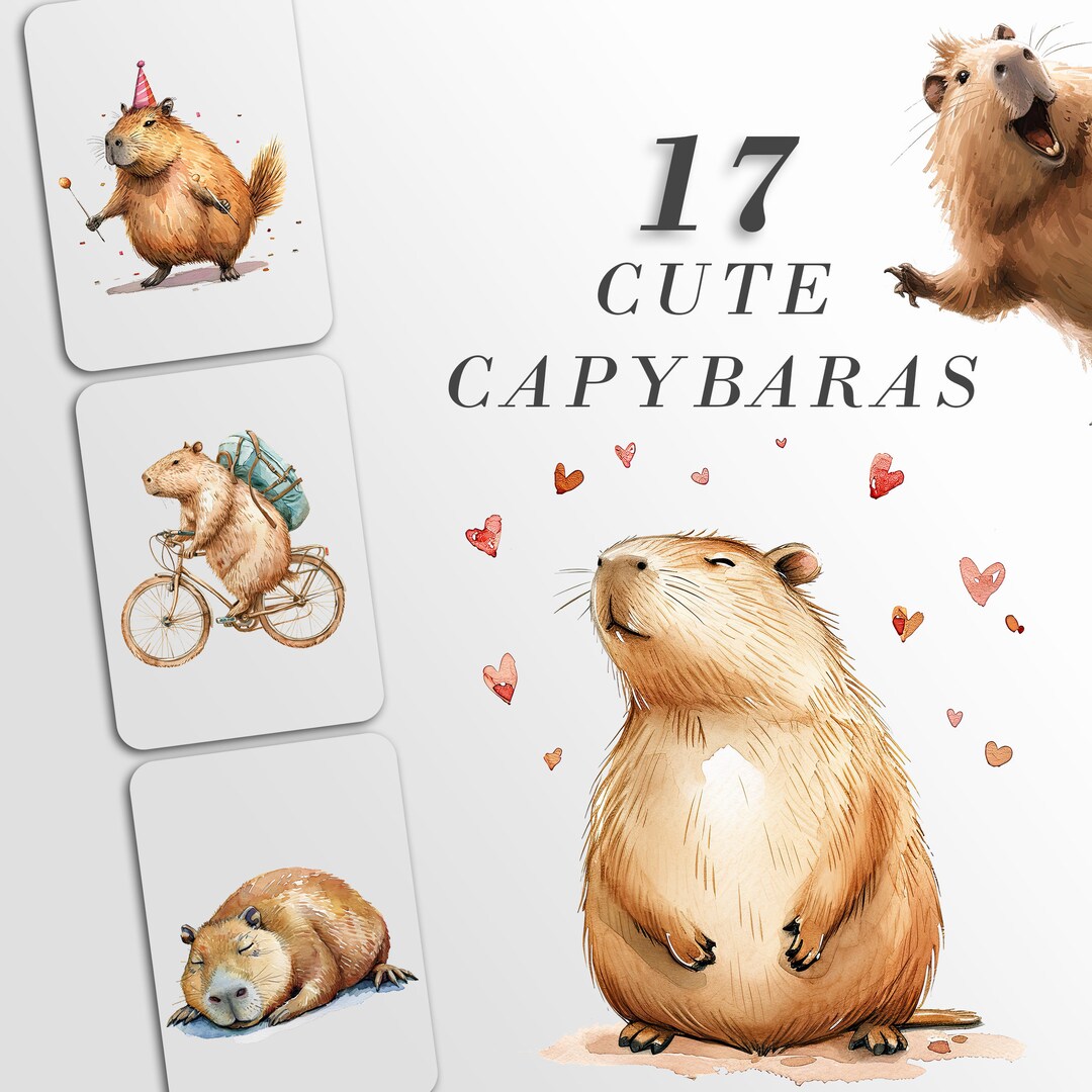Cute Capybaras Clipart: Fun Rodent Characters Whimsical Watercolor Junk ...