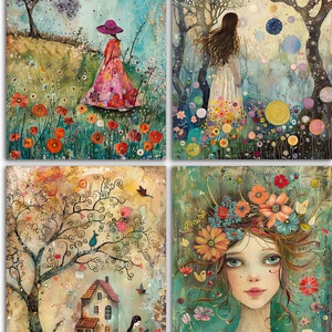 Whimsical Spring 3 Printable Art Pages, Quirky Art Pack, Flowers, Trees ...