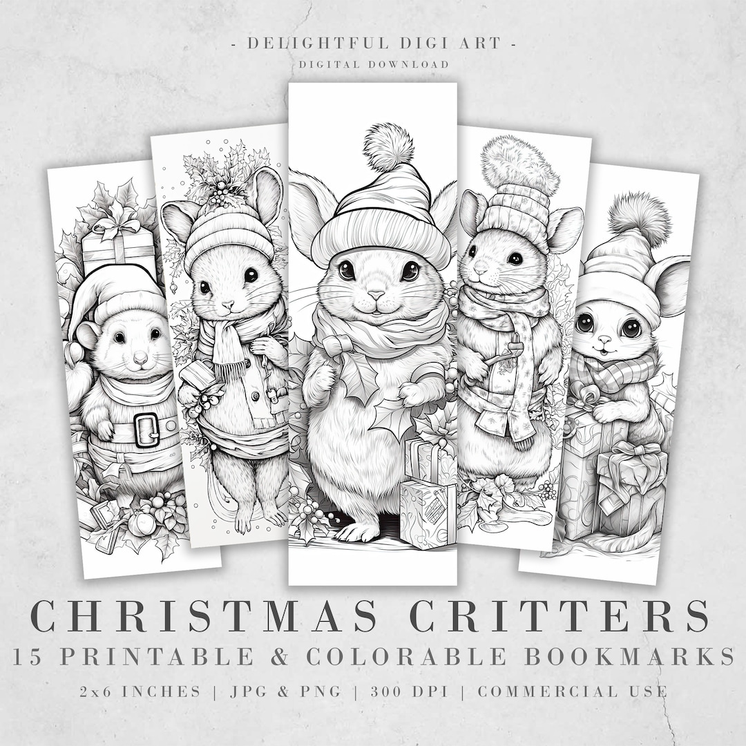 19 Cute Christmas Critter Colorable Bookmarks | Digital Download JPG ...