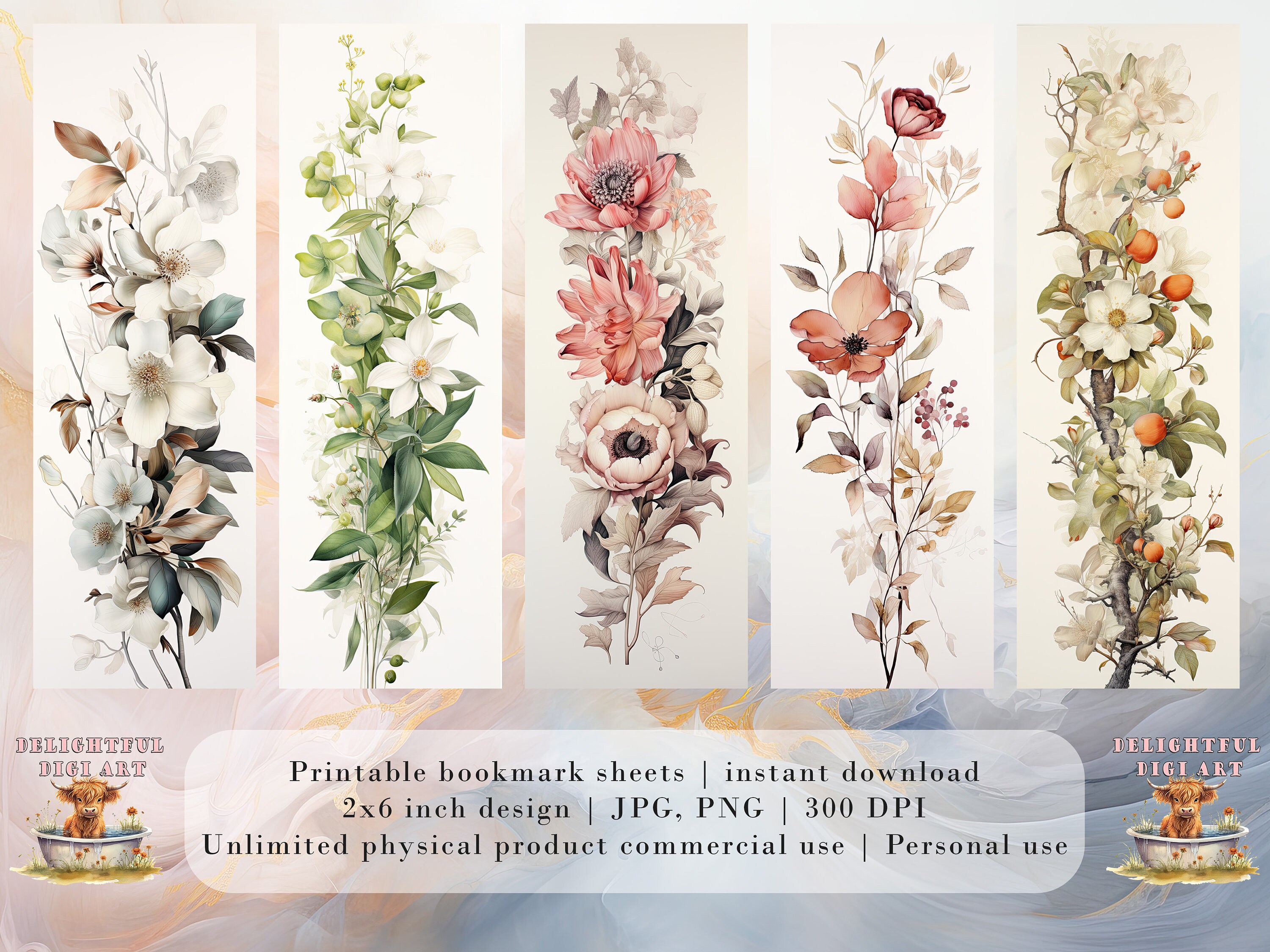 20 Botanical Watercolor Printable Bookmarks | Digital Download JPG ...