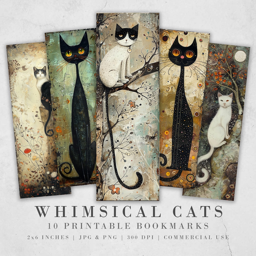 10 Whimsical Cats Printable Bookmarks | Digital Download JPG Bookmark ...
