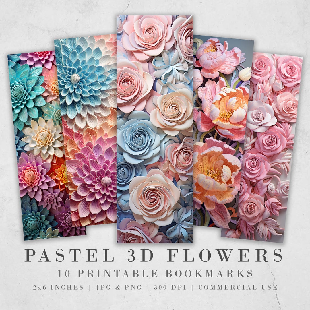 10 3D Pastel Flowers Printable Bookmarks | Digital Download JPG ...