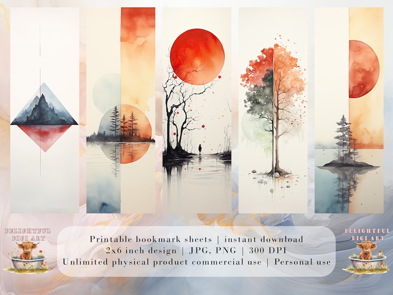 Watercolor Landscape Printable Bookmarks| 10 Minimalist Design ...