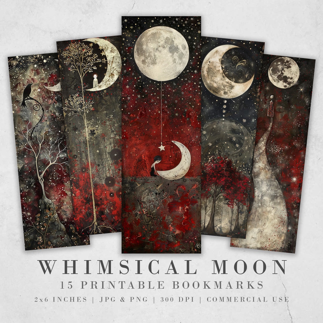 Whimsical Moon Printable Bookmarks: Quirky Bookmark Sheets, PNG ...
