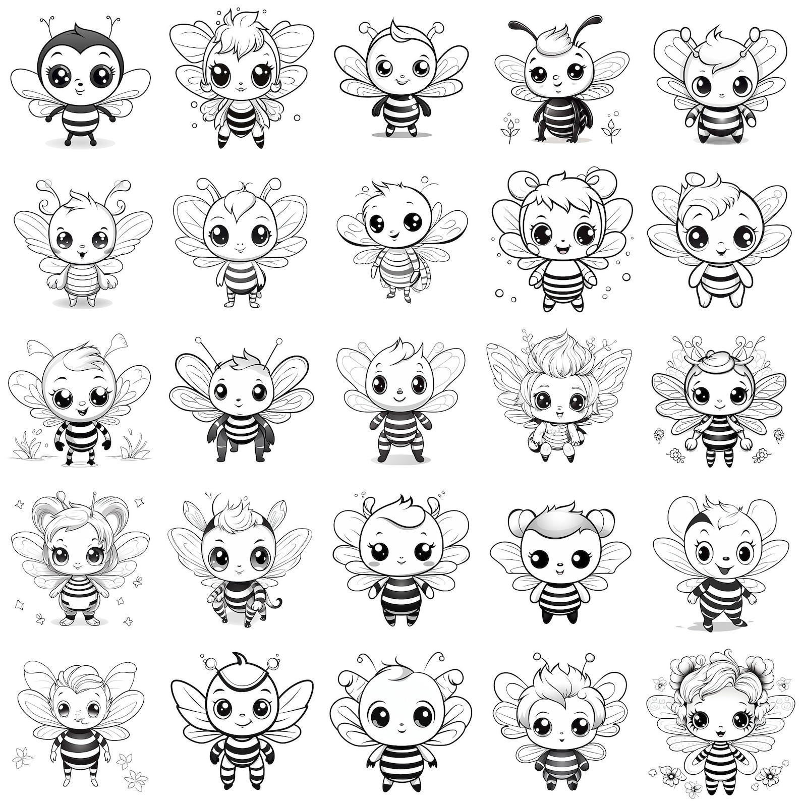 Cute Bee Clip Art, Black and White Bee PNG Bundle, Honey Bee Art, Busy ...