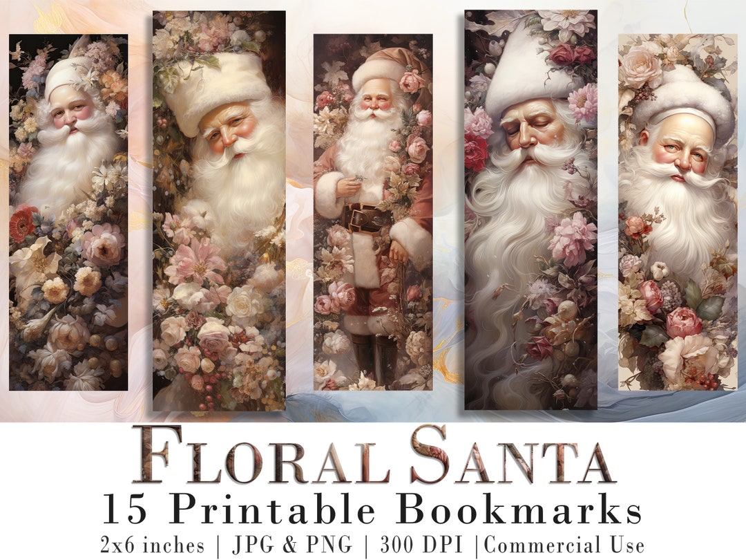 15 Floral Santa Printable Bookmarks | Digital Download JPG Bookmark ...
