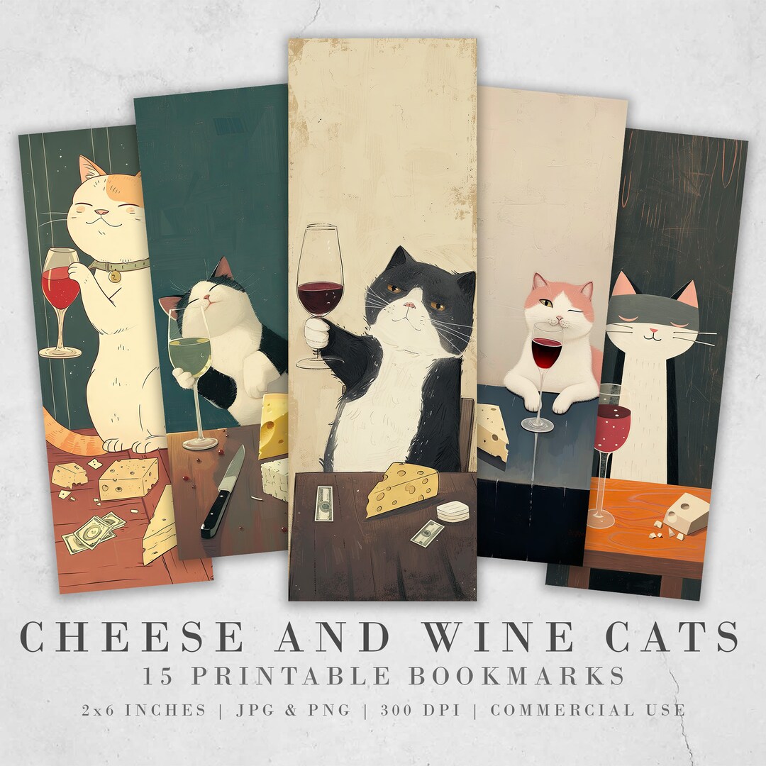Cheese & Wine Cats Printable Bookmarks| 15 Quirky Feline Bookmark ...