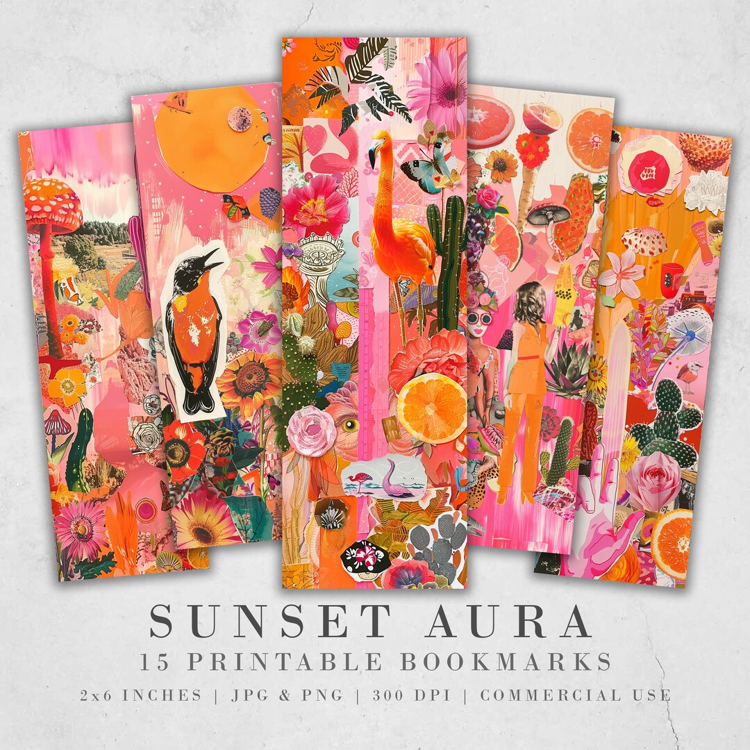 Sunset Aura Printable Bookmarks| Orange Collage Themed Bookmarks| 4 JPG ...