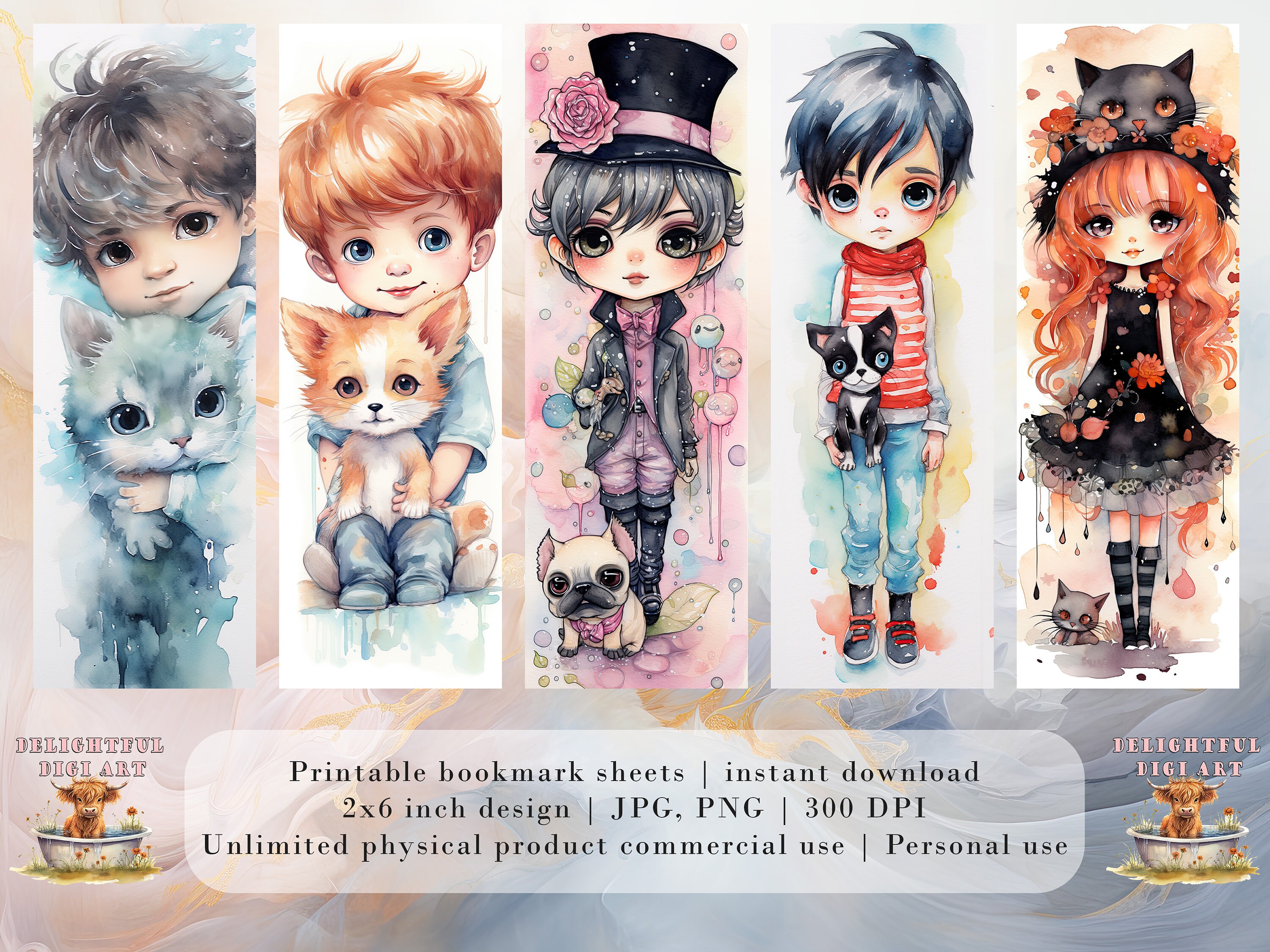10 Chibi Kids & Pets Watercolor Printable Bookmarks | Digital Download ...