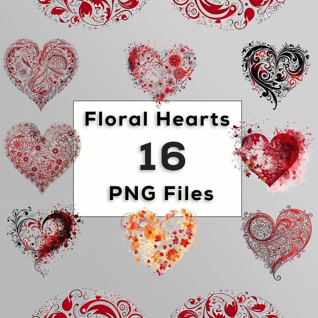 16 Floral Hearts Png Pack, Valentines Day Png, Heart Png Bundle, Love ...