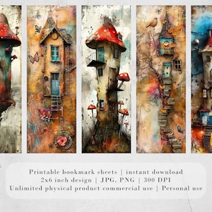 Whimsical Houses Printable Bookmarks| Mixed Media Bookmark Sheets| PNG ...