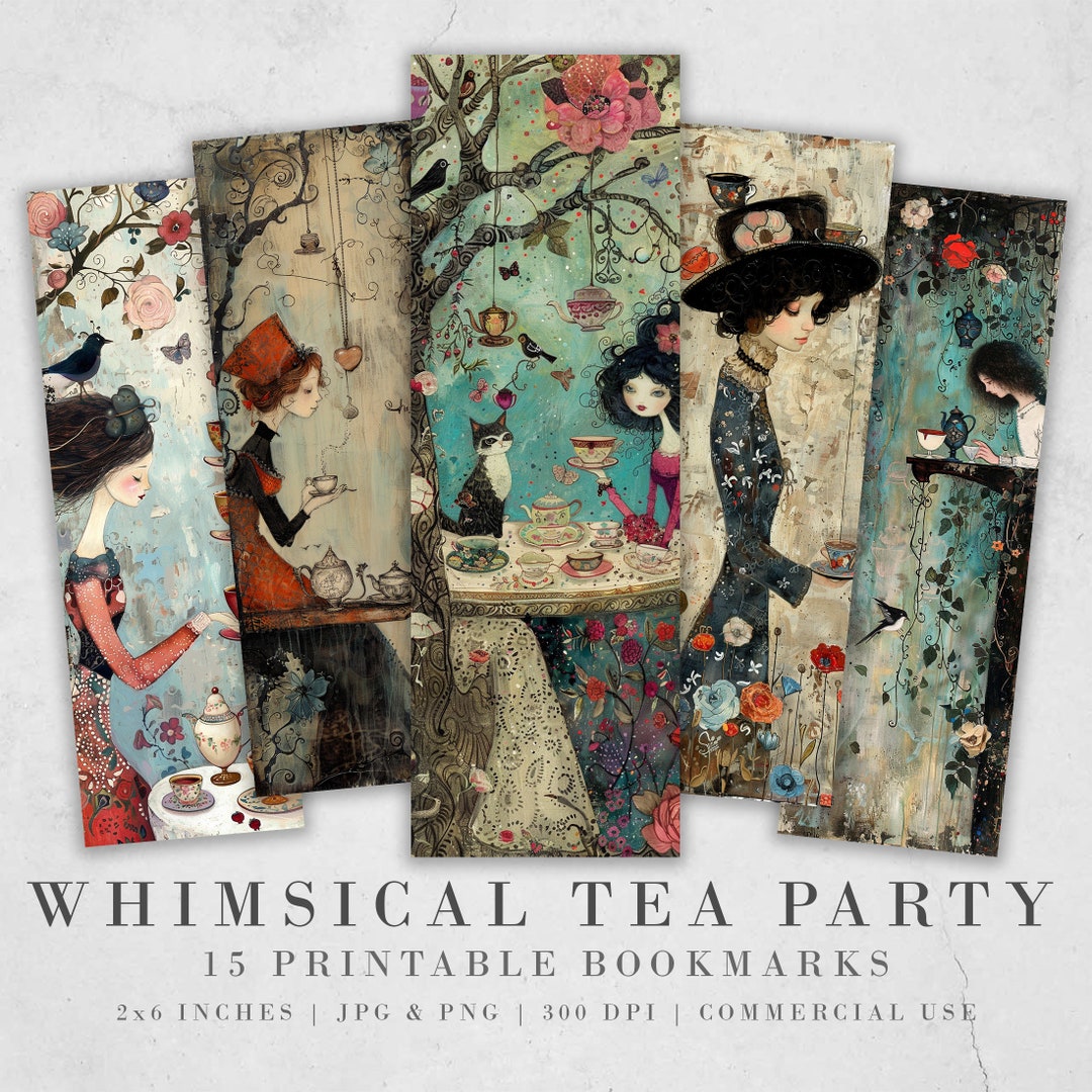 Whimsical Tea Party Printable Bookmarks, 15 Quirky Mixed Media Collage ...