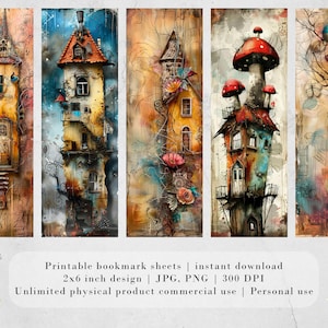 Whimsical Houses Printable Bookmarks| Mixed Media Bookmark Sheets| PNG ...
