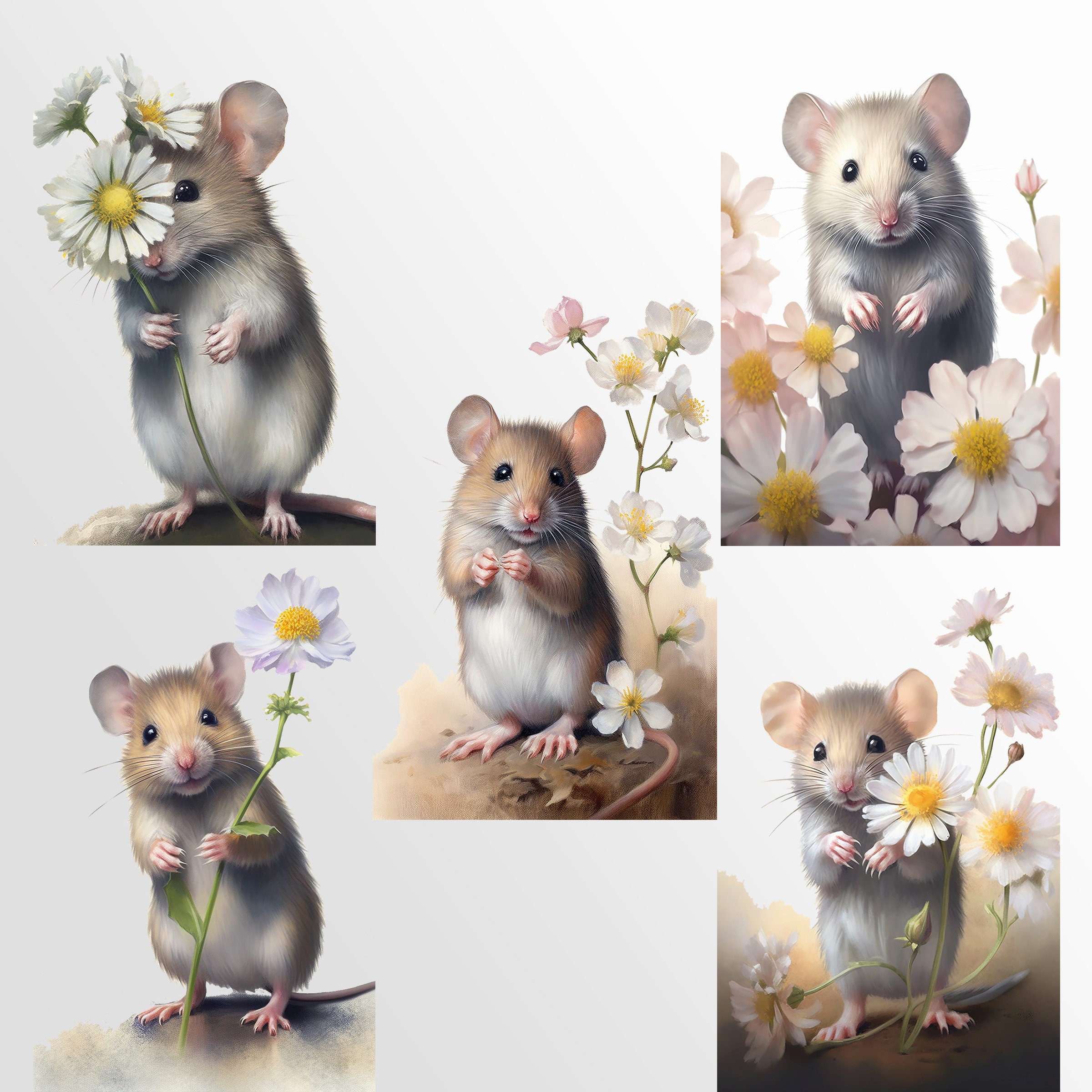 Mouse and Flower Clipart, PNG Bundle, Card Making, Digital Paper Craft ...