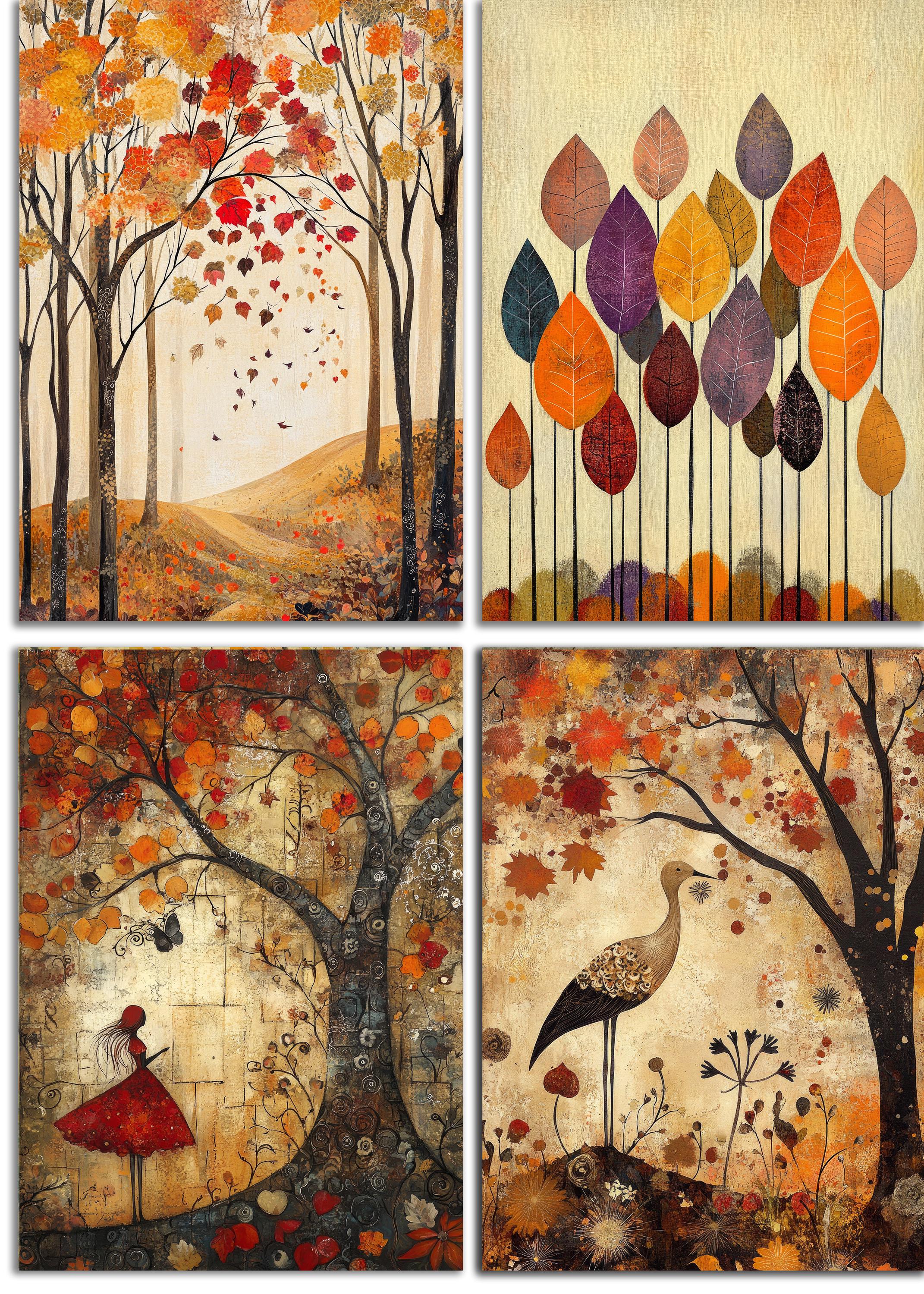 Whimsical Fall Printable Art Pages, Quirky Art Pack, Flowers, Trees ...