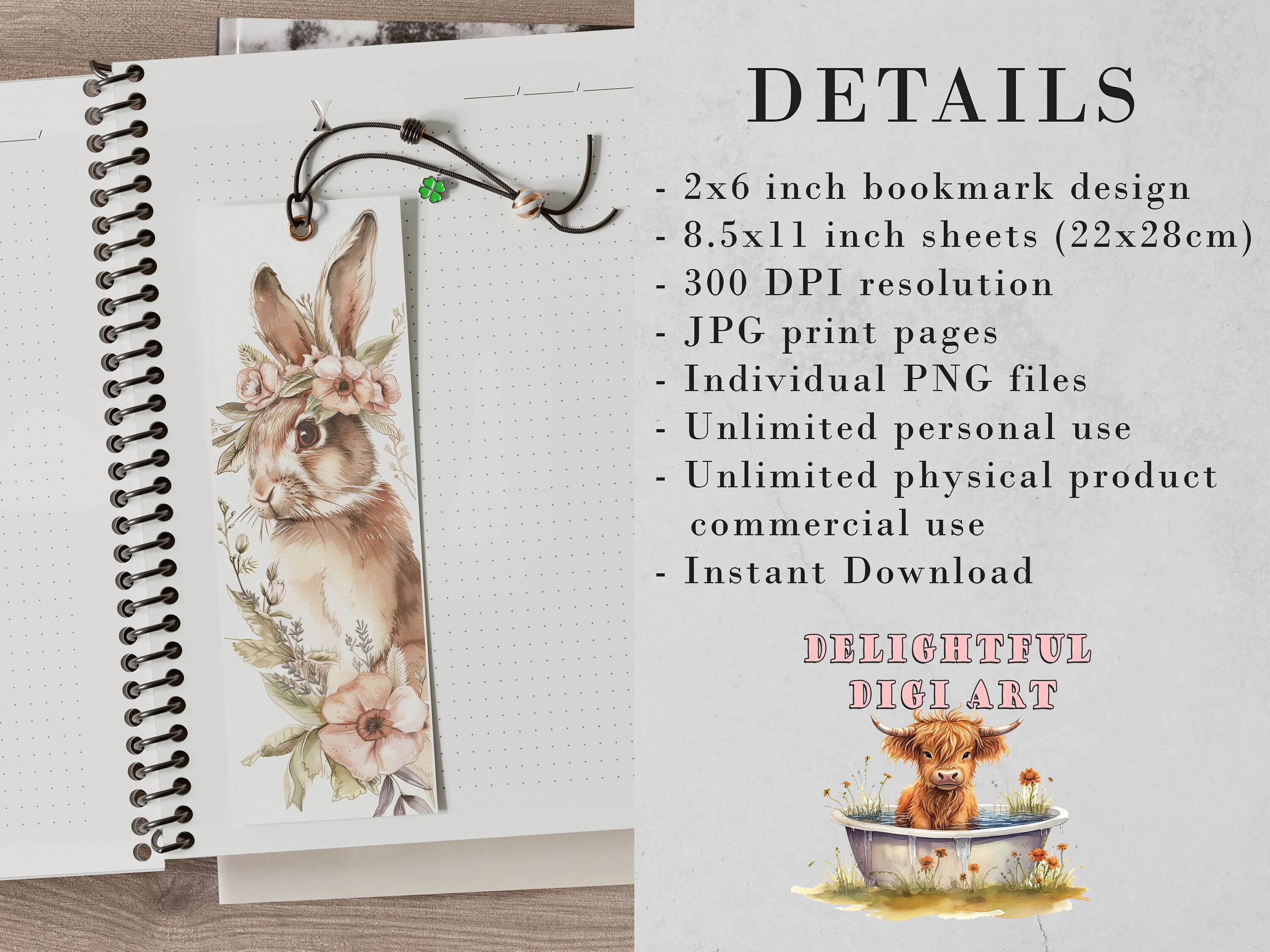 15 Floral Bunnies Printable Bookmarks| Digital Download JPG Bookmark ...