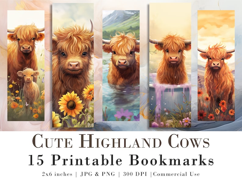 15 Watercolor Highland Cow Printable Bookmarks Digital - Etsy UK