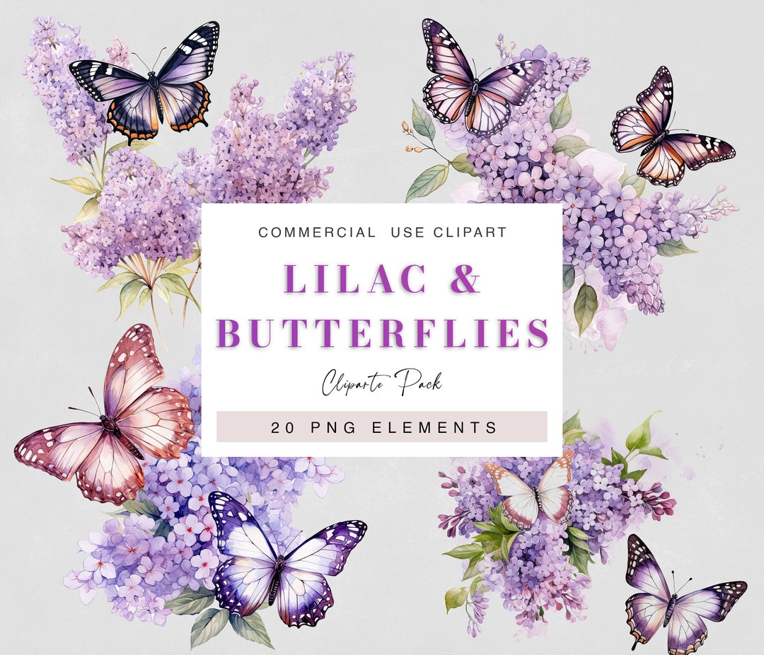 Lilac Watercolor Floral Butterflies, Purple Wedding Clipart, Purple ...