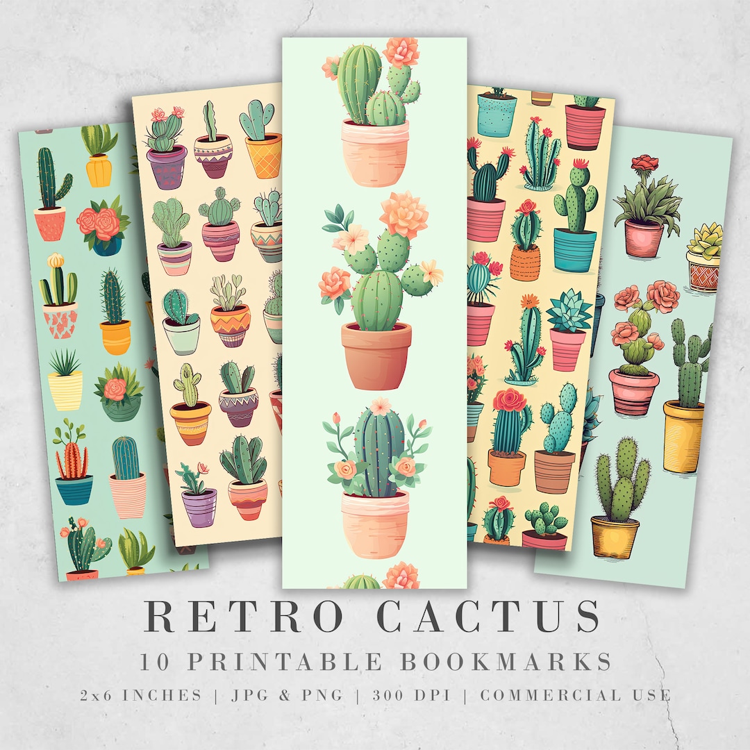 Retro Cactus Printable Bookmarks: JPG DIY Bookmark Sheets| PNG Bookmark ...